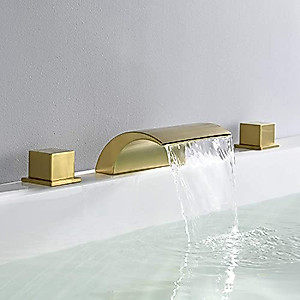 Hanallx Deck Mount Roman Tub Faucet Set, Waterfall High Flow Brushed Gold Bathtub Faucets, 12-15.7in Widespread, Deck Mount Tub Faucet with Valve, Brass 3 Holes Bath Tub Faucet Set, with 2 Handle