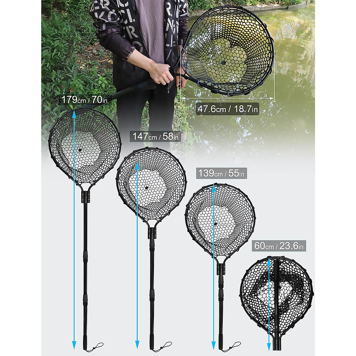 Hlotmeky Fishing Net Rubber Landing Net Large Fishing Nets for Saltwater Heavy Duty Big Fishing Net Kayak Folding Retractable Fishing Net Long Handle