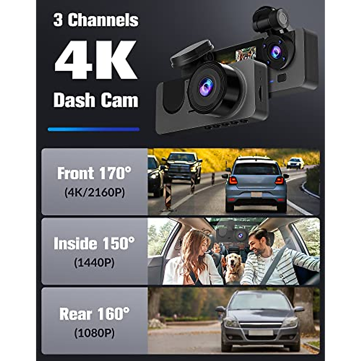 Dash Camera for Cars,4K Car Camera Full HD Dash Cam Front Rear with Free 32GB SD Card,Built-in Super Night Vision,2.0'' IPS Screen,WDR, 24H Parking Mode, Loop Recording