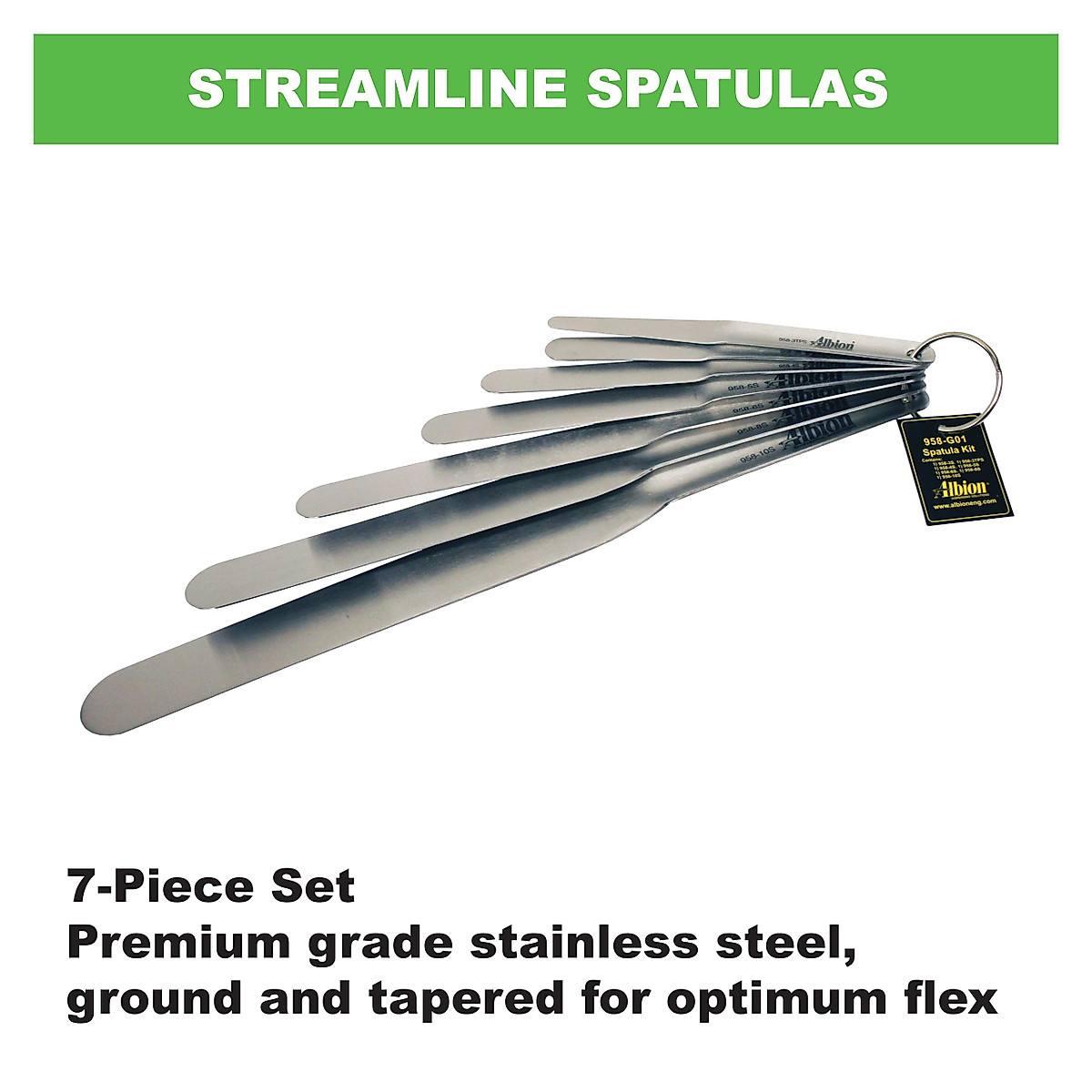 Albion Engineering 958-G01 Streamline Caulk Spatula 7-Piece Set, Оnе Расk, Stainless Steel (Pack of 7)