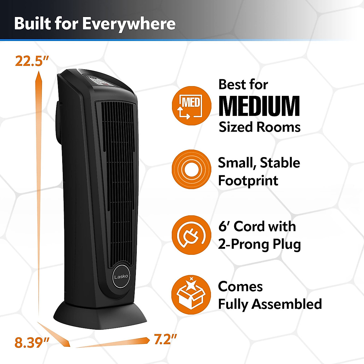 Lasko Portable Oscillating Indoor Electric Ceramic Tower Space Heater with Tip-Over Safety Switch, Overheat Protection, Timer and Remote Control, Safe for Home, 22.5 Inches,1500W, 751321, Black