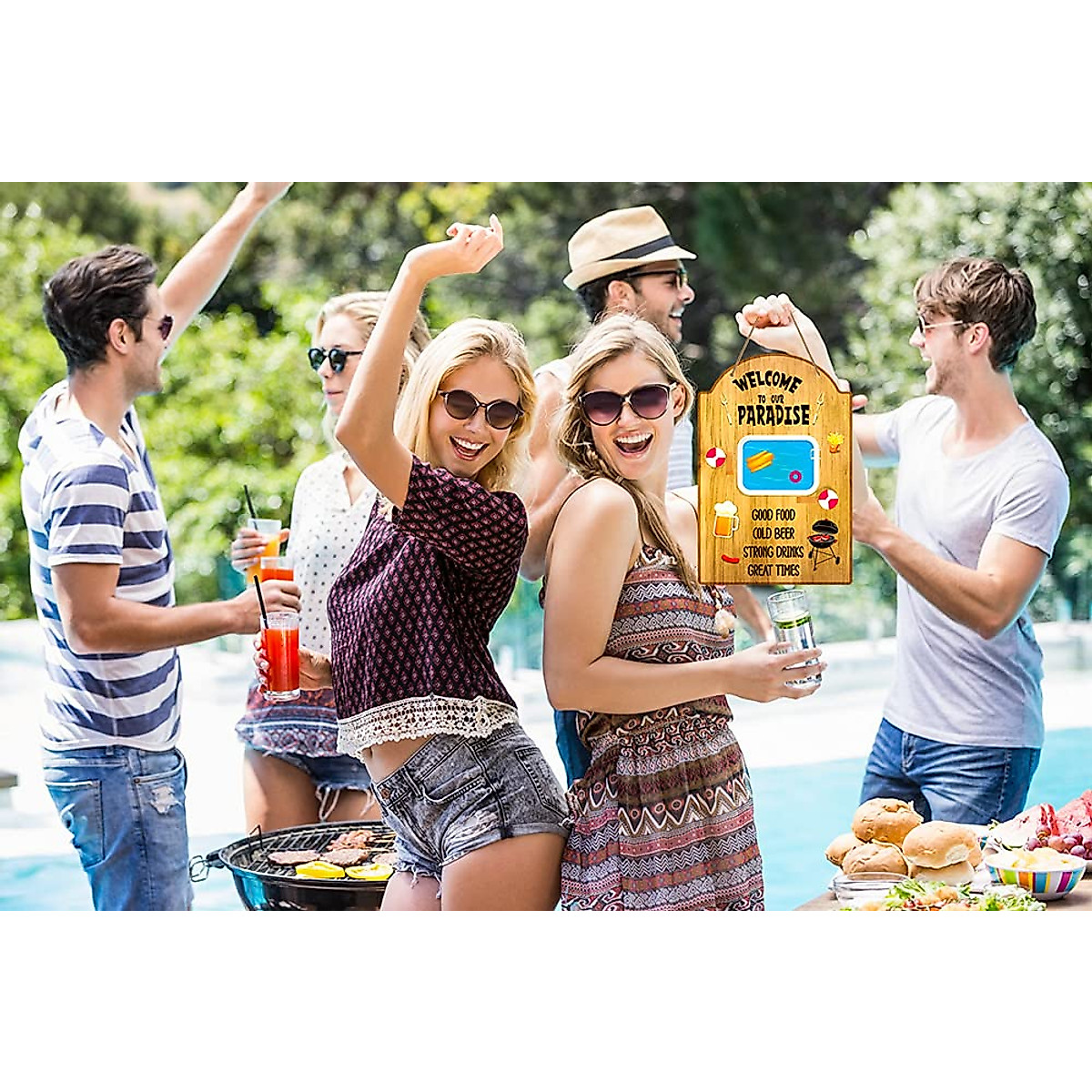 FLYAB Funny Patio Decor Sig Welcome to Our Paradise Sign 8"x12" Patio Decoration Sign Outdoor Pool Backyard Bar Sign Farmhouse Sign Plaque for Backyard Home Wall Decoration