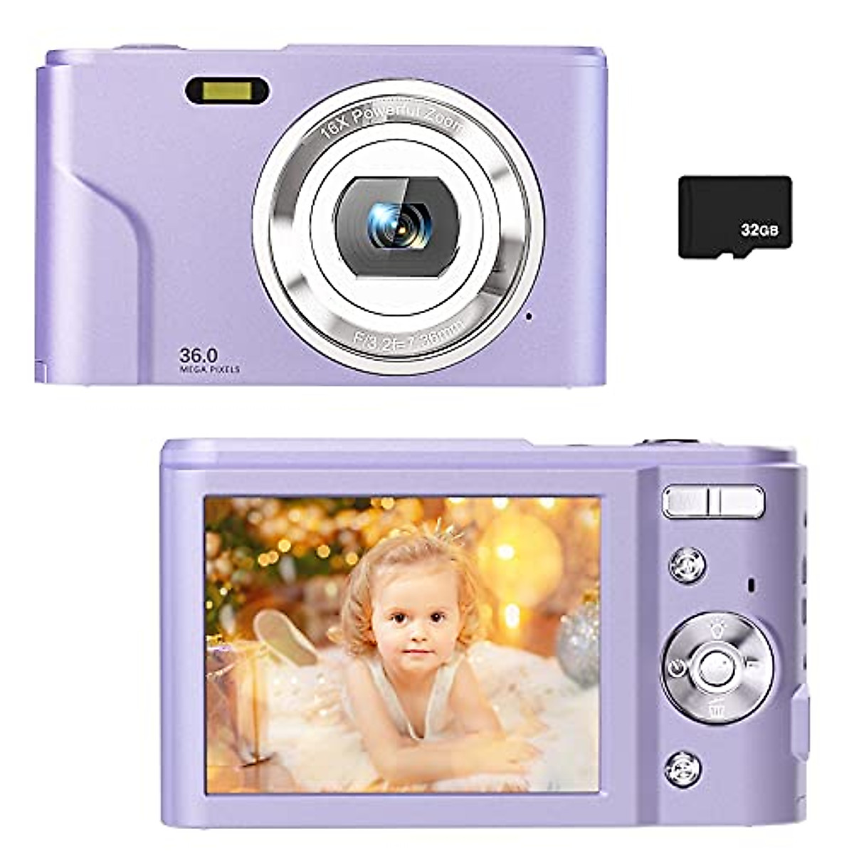 Digital Camera for Kids Boys and Girls - 36MP Children's Camera with 32GB SD Card，Full HD 1080P Rechargeable Electronic Mini Camera for Students, Teens, Kids(Purple)
