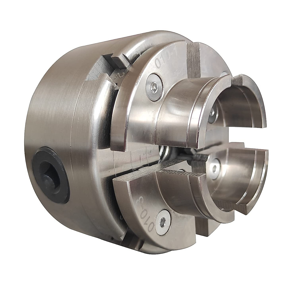 4 Inch Wood Lathe Chuck Set 1" x 8 tpi & 3/4"x16TPI Adapter, Nickel Plated, Self Centering 4 Jaw Wood Turning Chuck (4 inch Chuck With Round Jaw)