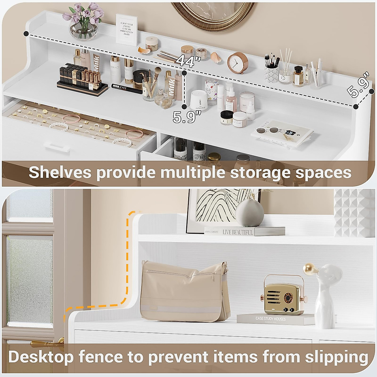 DICTAC White Dresser for Bedroom, 6 Drawers Double Dresser with Shelves, Wood Chest of Drawers, Large Capacity Storage Organizer Dresser for Bedroom, Living Room, Hallway