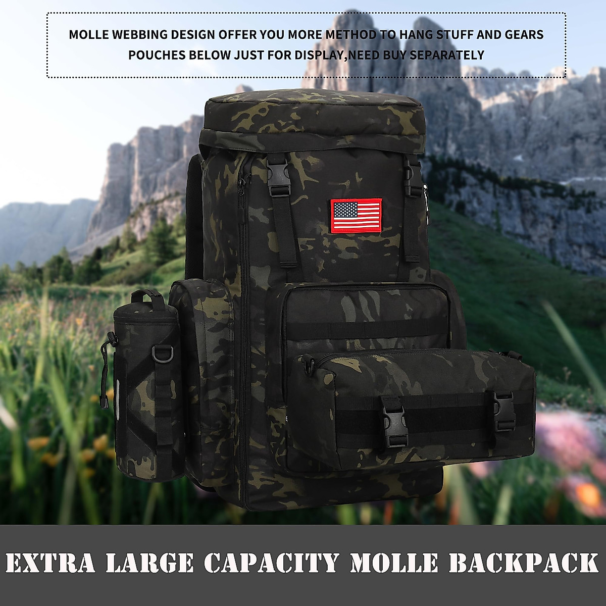 4land Large Backpacking Backpack for Men, Extra Large Camping Hiking Backpack, Oversized Molle Rucksack Backpack, 60L/70L/85L Waterproof Military Backpack for Outdoor Sports