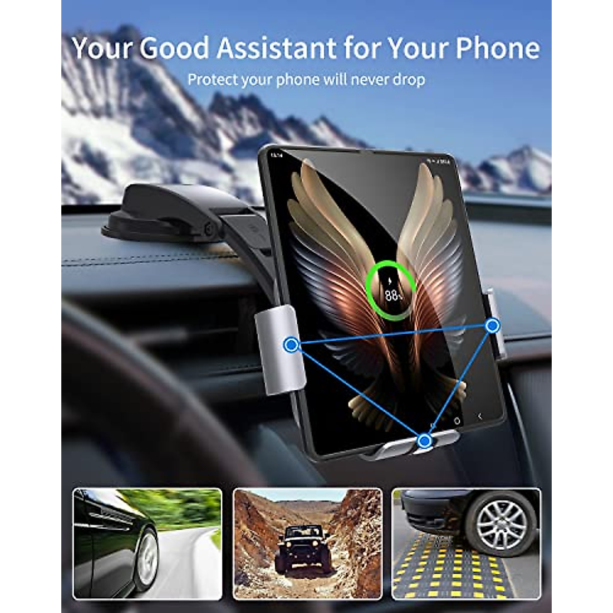 JOYVEVA Dual Coil Wireless Car Charger for Galaxy Z Fold 4/3, Fast Charging Phone Holder for Galaxy Z Fold 2, Landscape Mobile Phone Mount for Galaxy Z Fold (Steel Gray)