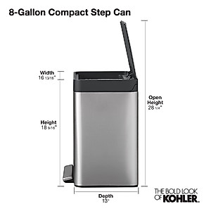 KOHLER 8 Gallon Compact Hands-Free Kitchen Step Can, Trash Can with Foot Pedal, Quiet-Close Lid, Stainless Steel, K-20942-ST