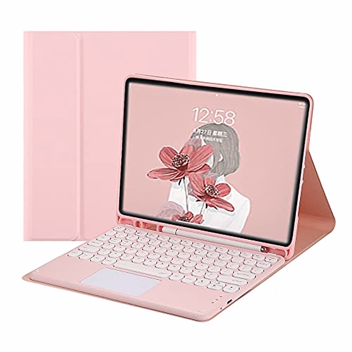 HENGHUI Keyboard Case with Touchpad for iPad Air 13 inch M2/ iPad Pro 12.9 inch 6th 5th 4th 3rd Generation Cute Round Key Color Keyboard Detachable Touch Keyboard Cover (Pink)