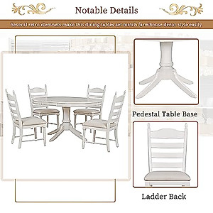 HAUSHECK Round 4-Extendable Table and Upholstered Chairs, Soft Padded Cushion, Modern Multifunctional Rustic Style Home Furniture, 5-Pieces Kitchen & Dining Room Sets, Antique White
