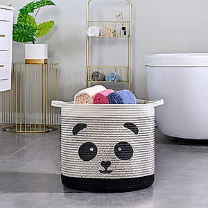 ART pinecone cotton rope basket oval woven storage basket, Cute Dog Toy Basket Cotton Basket Baby Nursery Hamper Shelf Decorative Bin,15"L x 10"W x 9"H (cute Panda, Black & White)