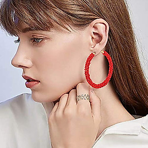 CEALXHENY Beaded Hoop Earrings for Women Mixed Color Bead Dangle Earrings Bohemia Hoop Dangle Earring Studs for Women (B Red)