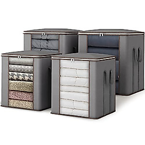 Fixwal 4pcs King Foldable Comforters Storage Bags, 120l Extra Large Organizers for Blankets, Clothes, Pillows, Quilts, Bedding Storage Containers with Thick Fabric Reinforced Handles, Grey