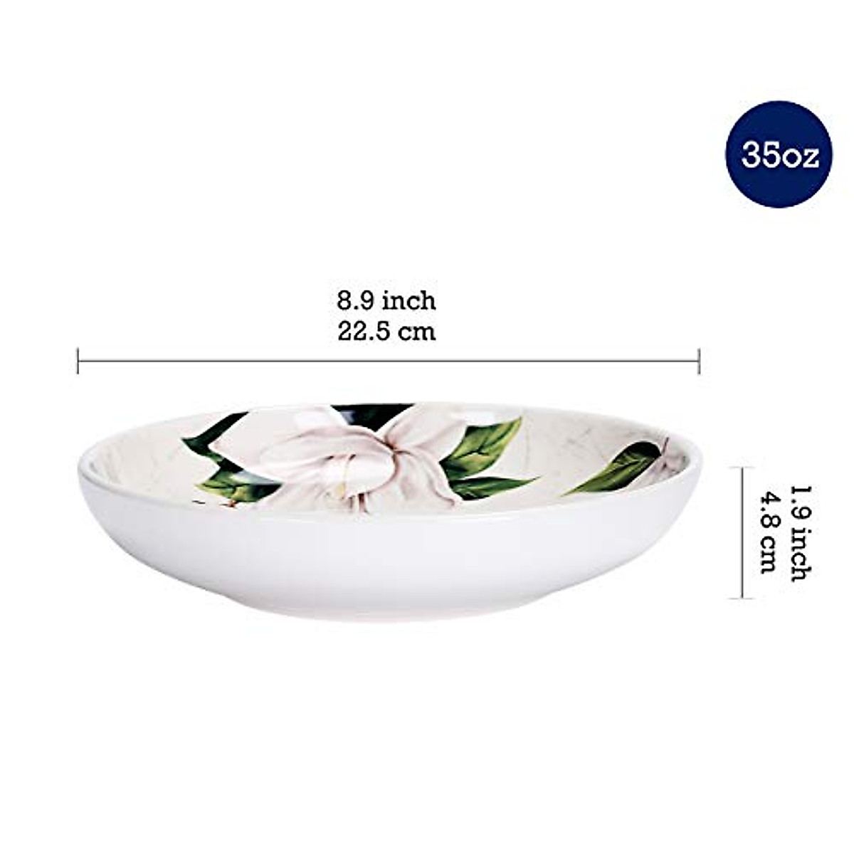 Bico Magnolia Floral Ceramic 35oz Dinner Bowls, Set of 4, for Pasta, Salad, Cereal, Soup & Microwave & Dishwasher Safe