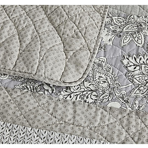 Chezmoi Collection Robyn 3-Piece Neutral Taupe Gray White Floral Hibiscus Flower Patchwork Striped Quilt Set - Pre-Washed Cotton Coverlet - Lightweight Reversible Bedspread, King Size