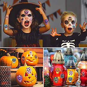Day of the Dead Face Tattoos - 10 Sheet Halloween Temporary Tattoos Face Sticker Kit Día de Los Muertos Glitter Red Roses Skeleton Sugar Skull Fake Tattoo for Halloween Makeup on Face Body Men Women