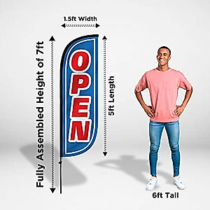 LookOurWay Feather Flag Set - 5ft Tall Advertising Banner Flag with Pole Kit and Ground Spike for Business Promotion - Open Blue/Red
