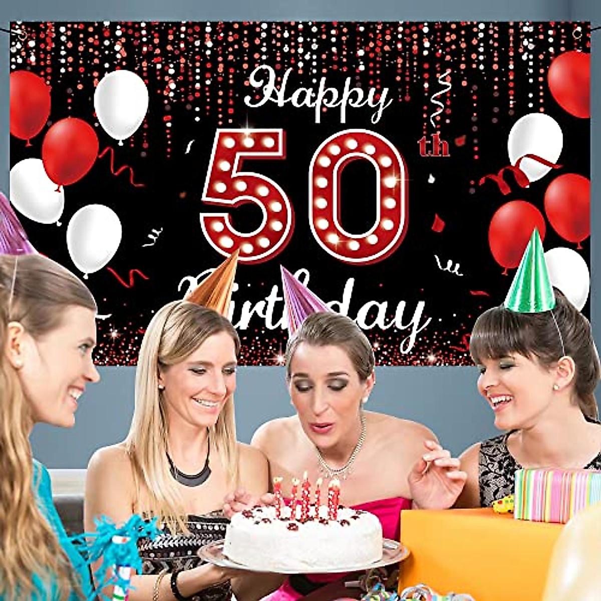 50th Birthday Decoration Backdrop Banner, Happy 50th Birthday Decorations for Women, Red Black white 50 Years Old Birthday Party Photo Booth Props, 50 Birthday Sign for Outdoor Indoor, Fabric Vicycaty