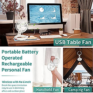 Alioth Mini Oscillating Desk Fan, 4 Speeds USB Powered and Portable Battery Operated Rechargeable Fans, Small Personal Handheld Camping Fan, for Home, Office & Outdoor (White)