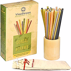 VinaStraws Biodegradable Cereal Straws, 150 pcs Multi Colorful Dringking Straw with Gift Canvas Bag, Eco Friendly Compostable, Alternative to Plastic Straws, Green