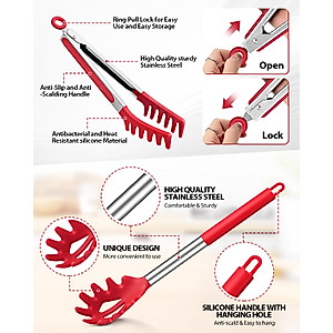 Spaghetti Spoon and Pasta Tong, Non-stick Silicone Spoon Server Fork with teeth and Stainless Steel Handle Spaghetti Tong, Food Clip for Spaghetti Noodle, Red