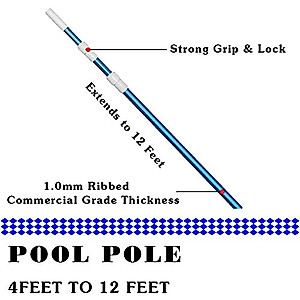 POOLWHALE Professional 12 Foot Blue Anodized Aluminum Telescopic Swimming Pool Pole,Adjustable 3 Piece Expandable Step-Up,for Skimmer Nets, Vacuum Heads and Brushes, Strong Grip & Lock