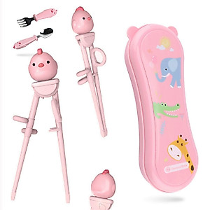 Training Chopsticks Set for Kids and Beginners,Chopstick Spoon Fork and Case Set,Reusable Learning Chopsticks with Attachable Learning Chopstick Helper - Right Handed Only Stainless Steel Pink