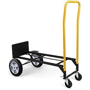 Simpli-Magic 800 lb Capacity 2 in 1 Convertible Hand Truck and Dolly with 10" Flat Free Rubber Wheels,Black with Yellow Handle.