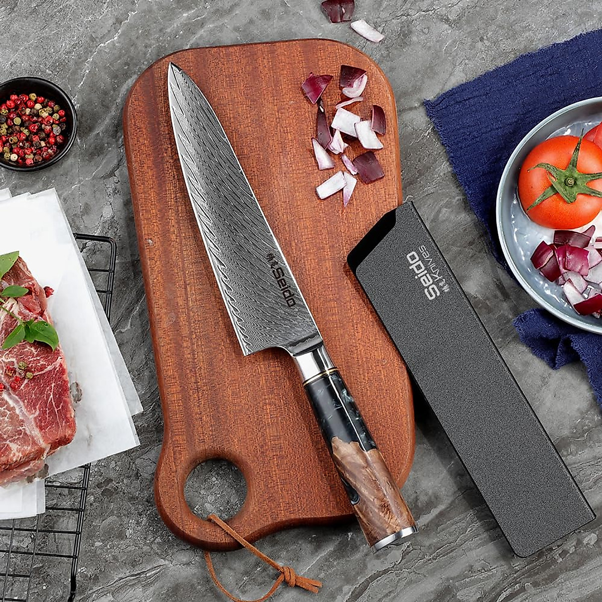 Seido Knives Gyuto Executive Chef Knife 8 inch Razor Blade Shard Traditional Japanese VG10 Damascus Steel - Stainless Steel Bolster, Resin Epoxy Black Handle