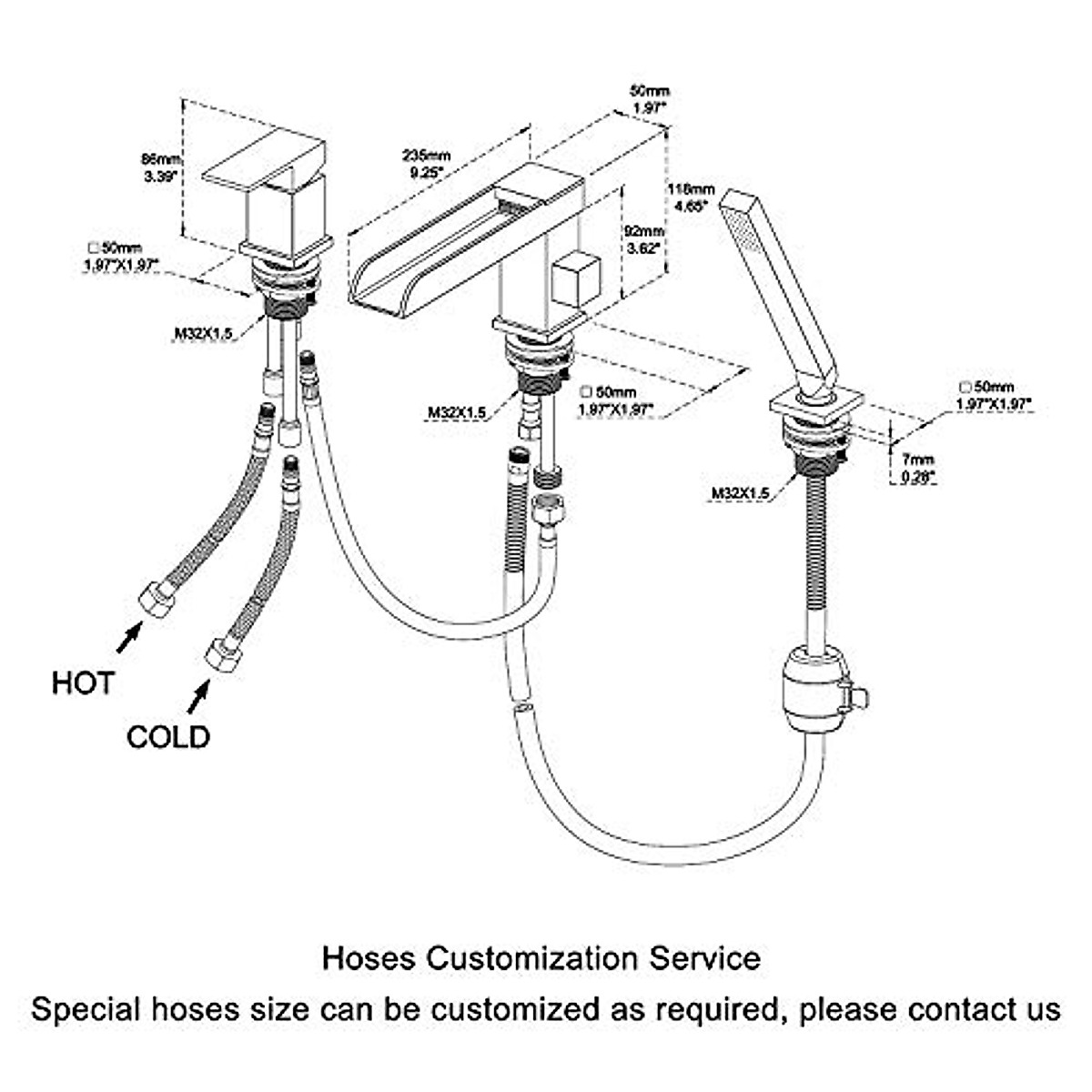Wowkk Waterfall Roman Tub Faucets Deck Mount Brushed Nickel Bathtub Faucets Brass Tub Filler Bathroom Faucets with Hand Shower