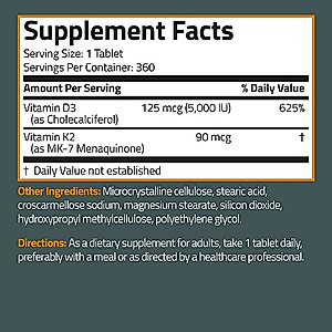 Bronson Basics Vitamin K2 D3 (MK7) Supplement Non-GMO Formula 5000IU (125 mcg) Vitamin D3 & 90 mcg Vitamin K2 MK-7 Easy to Swallow Vitamin D & K Complex, 360 Tablets