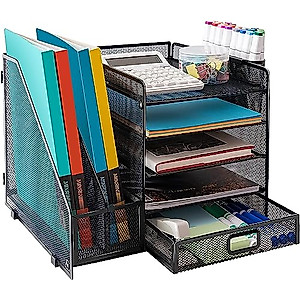 Metal Mesh Desk Organizer with 1 Sliding Drawer, 5 Horizontal Trays and 2 Vertical Sections, with 2 Spaces for Pencils and Accessories Black, assembles and disassembles in minutes to store or use