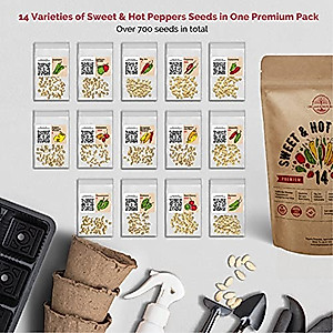 14 Sweet & Hot Peppers Seeds Variety Pack 700 Seeds Non-GMO Peppers Seeds for Planting Outdoor & Indoor Home Gardening Anaheim Jalapeno Habanero Cayenne Serrano Poblano Cubanelle Pepperoncini & More