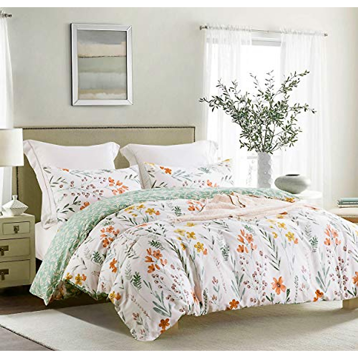 SLEEPBELLA Duvet Cover Queen, 600 Thread Count Cotton 3pcs Bedding Set Yellow Flowers and Green Branches Printed on White Reversible Comforter Cover