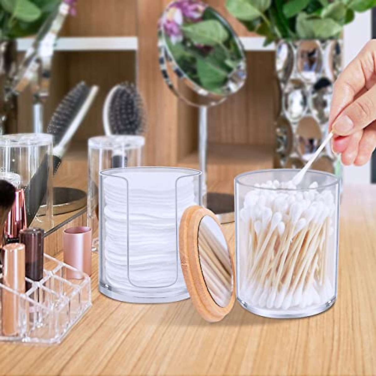 TCJJ Acrylic Disposable Cotton Round Pad Holder and Qtip Holder Set with Bamboo Mirror Lid, Stackable, Clear Plastic Bathroom Vanity Organizer for Makeup Cotton Pad Swab Ball