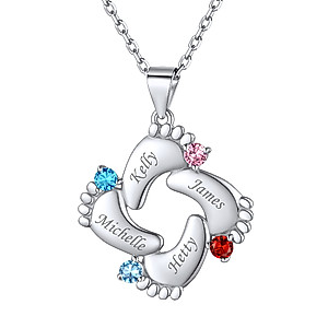 ChicSilver Sterling Silver Custom Feet Pendant Necklace for Women Personalized Mothers Necklace with 4 Simulated Birthstones 4 Names Engraved Mother Day Jewelry Gift for Mom Grandma