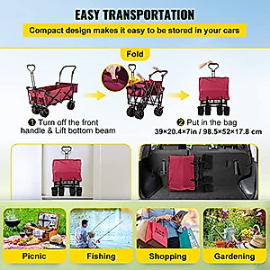 Happbuy Extra Large Collapsible Garden Cart with Removable Canopy, Folding Wagon Utility Carts with Wheels and Rear Storage, Wagon Cart for Garden, Camping, Grocery Cart, Shopping Cart, Red