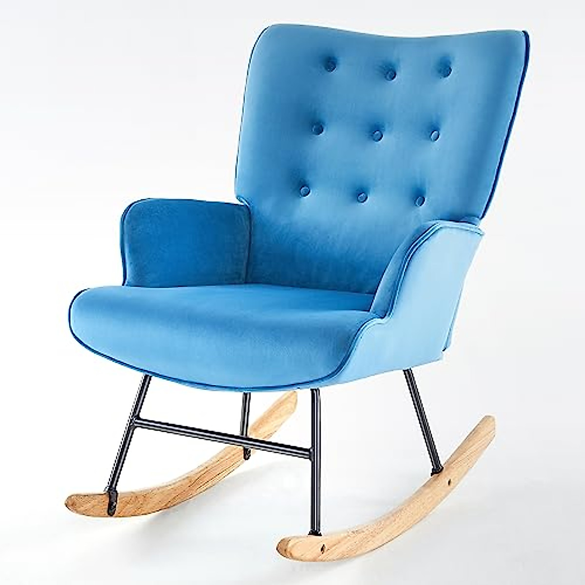 Kosydown Basic Blue Rocking Chair, Velvet Rocking Chair Nursery, Upholstered Comfy Armchair with High Backrest for Living Room Bedroom Offices, Solid Wood Legs Reading Chair