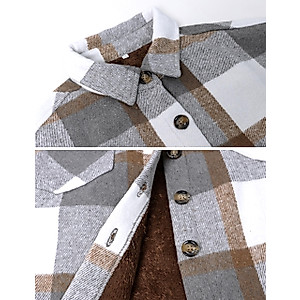 APAFES Women’s Warm Plaid Shirt Soft Sherpa Lined Shacket Casual Snap Fastener Truck Jacket with Pockets(643-GreyKhaki-M)