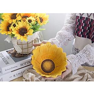 AwakingWaves Kawaii Ceramic Cereal Bowl with Designs, Suitable for Noodles,Desserts, Salad and Soup, Sunflower-Shaped Candy Snack Bowl for Kitchen, Microwave and Dishwasher Safe, Yellow Party Decor