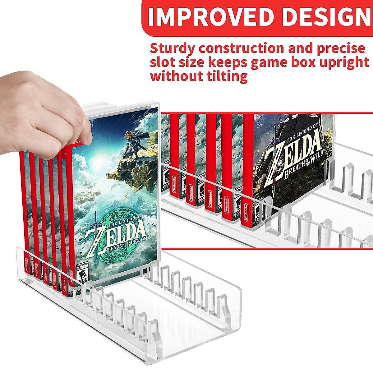 CaSZLUTION Acrylic Game Storage Organizer Stand Compatible with Nintendo Switch Game Card Case, Upgraded Switch Game Display Holder Fits up to 12 Games Box - Clear