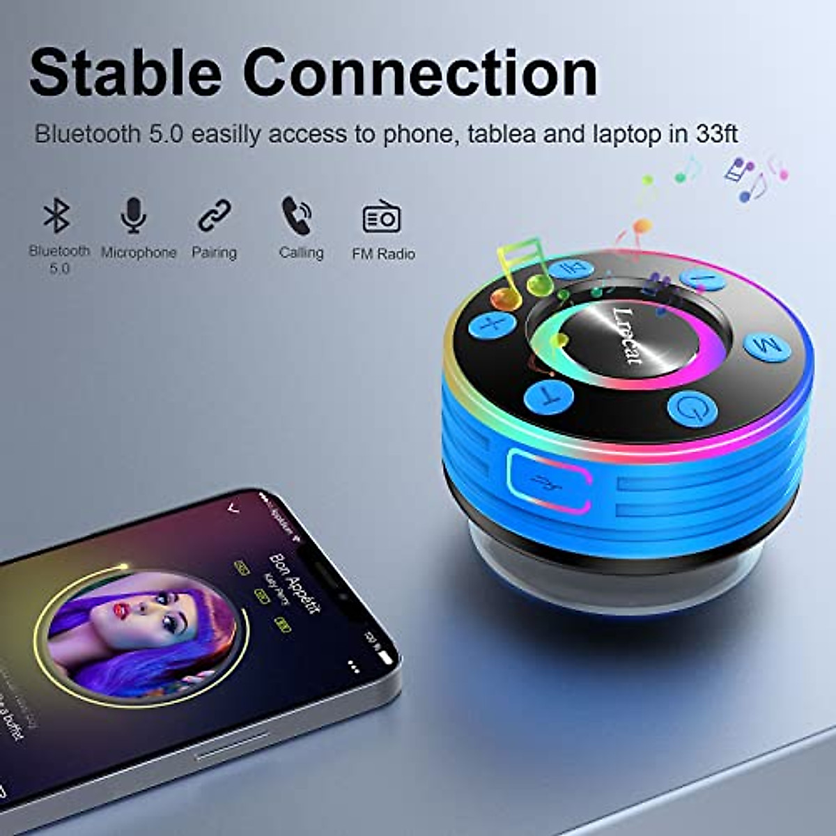 Bluetooth Shower Speakers, Portable Wireless Outdoor Speaker with HD Sound, Bluetooth Speaker with 8H Playtime, FM Radio, Handsfree LED Light Show with Suction Cup, IPX7 Waterproof for Travel/Party