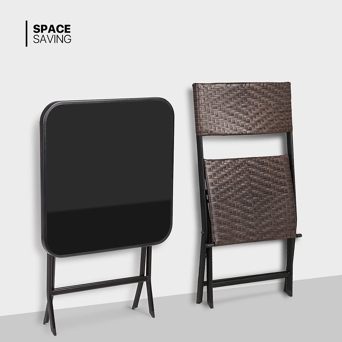 MoNiBloom 3 Piece Patio Bistro Dining Furniture Set, 2 Foldable Chairs and Round Table w/Tempered Glass Tabletop for Lawn Garden Backyard