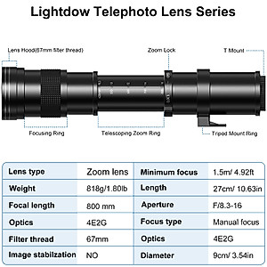 Ultra Telephoto 420-800mm F8.3 Manual Zoom Lens for Nikon DSLR F-Mount Cameras(D850 D810 D800 D610 D750 D500 D7200 D7500 D7100 D5600 D5300 D600 D3500 D3400 D3300 D3200 D5200 D5100 D5000 D7000 D700)