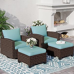 SUNSHINE VALLEY Swivel Glider Outdoor Patio Furniture Set,Wicker Patio Furniture Set with Swivel Chairs,Rattan Outdoor Furniture Small Patio with 4" Thick Waterproof Cushion,4 Pieces 4 Seats,Blue