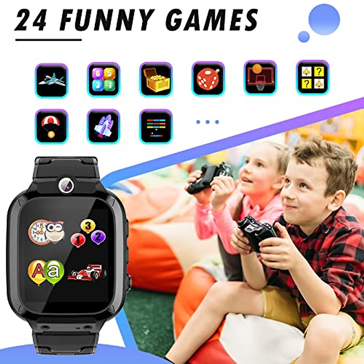 Vakzovy Kids Smart Watch for Boys Toys for 3-10 Year Old Boys 1.44" HD Touch Screen 24 Puzzle Games Music Player Dual Camera Video Recording Pedometer Birthday for Boys Age 3 4 5 6 7 8