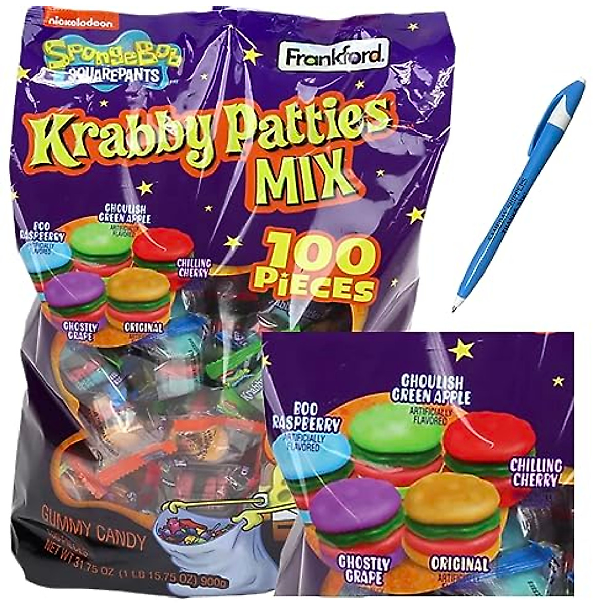 HALLOWEEN GUMMY CANDY FRANKFORD |Nickelodeon SpongeBob Squarepants Krabby Patty Gummy Candy, Individually Wrapped Patties Mix (100 Pieces) | Sameday Shipppers Offers Free Pen