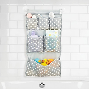 mDesign Soft Fabric Wall Mount/Over Door Hanging Storage Organizer - Self-Adhesive Tape - 6 Pockets for Child/Kids Room or Nursery - Polka Dot Print - Gray/White