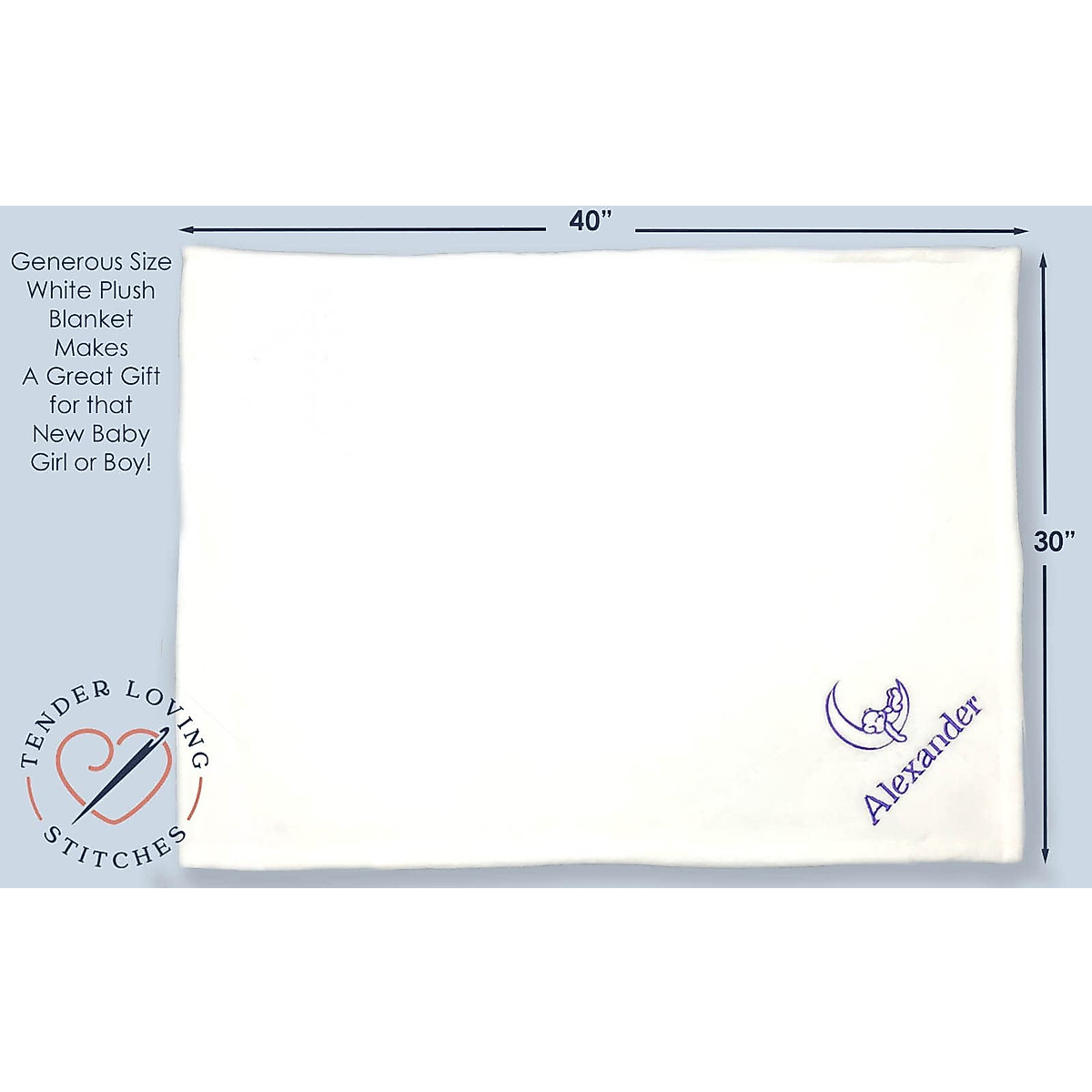 Tender Loving Stitches - Soft White Baby Blanket - Personalized with Baby’s Name and Cute Moon and Bear