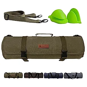 Baobab County Chef Knife Roll Bag - Premium 12oz Waxed Canvas Chef Knife Case, 11 Slots - Ideal Chef's Knife Bag for Carving Knives, Cleaver, Chef Tools & Utensils - Army Green - Oven Mitts Included